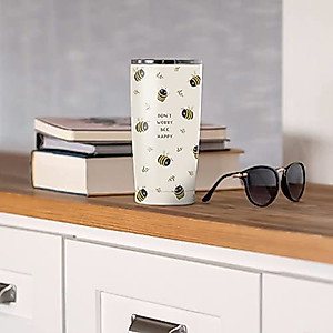 Studio Oh! Insulated Stainless-Steel Tumbler Don't Worry. Bee Happy.- 17-Ounce - Double-Walled with Vacuum Seal Keeps Liquids Cold for Hours - Fits Standard Size Cup Holders