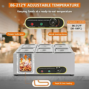 Commercial Food Warmer 110V 6-Pan 1500W Electric Steam Table Stainless Steel Bain Marie Buffet 15.4 Qt Capacity with Temperature Control & Tap for Parties, Banquet and Catering Events