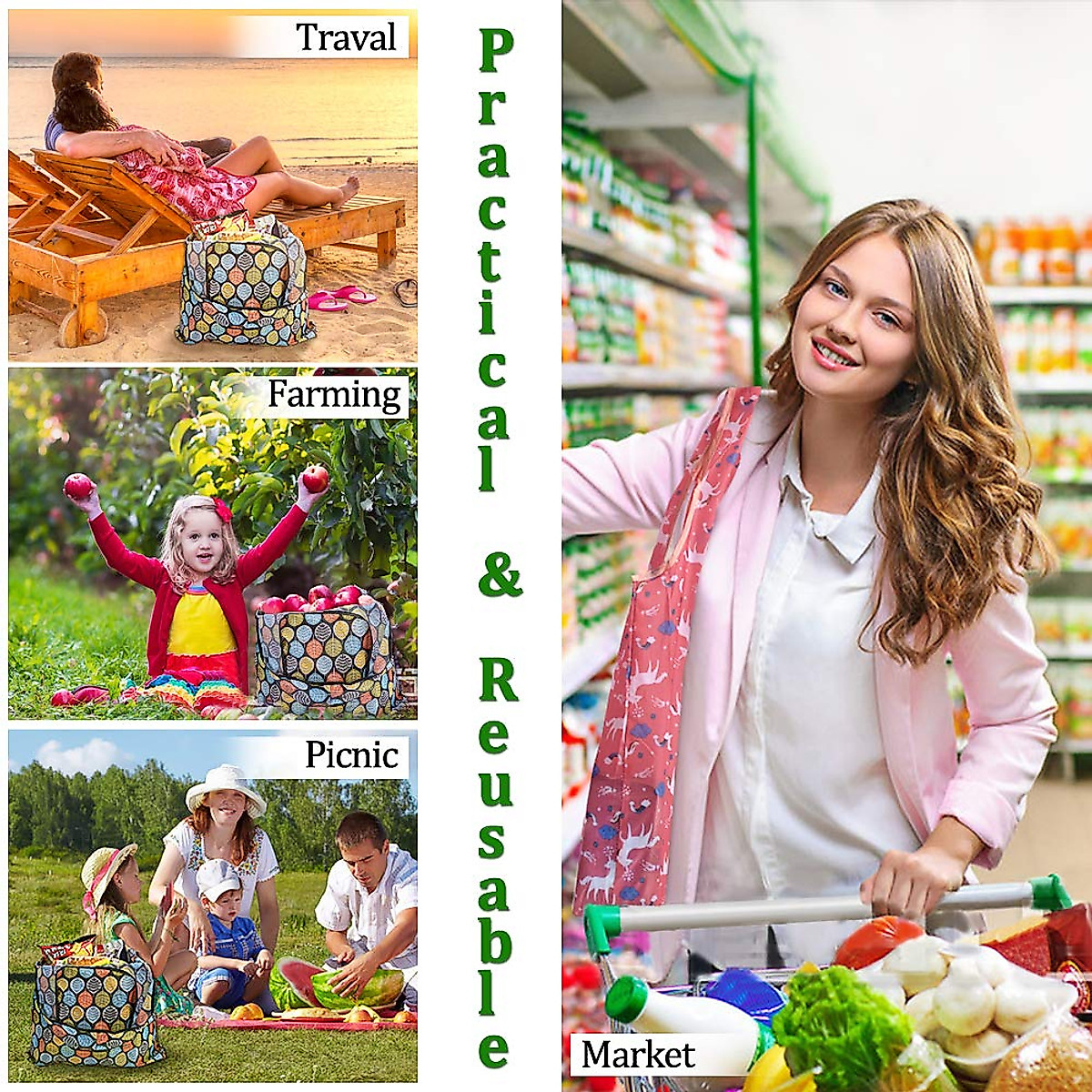 10 Pack Reusable Grocery Shopping Bags, SZUAH Foldable Shopping Bags Grocery Tote with Attached Pouch,Machine Washable Eco-Friendly.