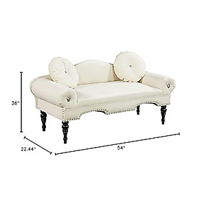 FIQHOME 54” Velvet Loveseat Sofa,Upholstered 2 Seater Couch Settee with 2 Round Pillows, Modern Love Seat with Nailhead Trim Roll Arm,Accent Bedside Entryway Window Bench for Living Room(White)