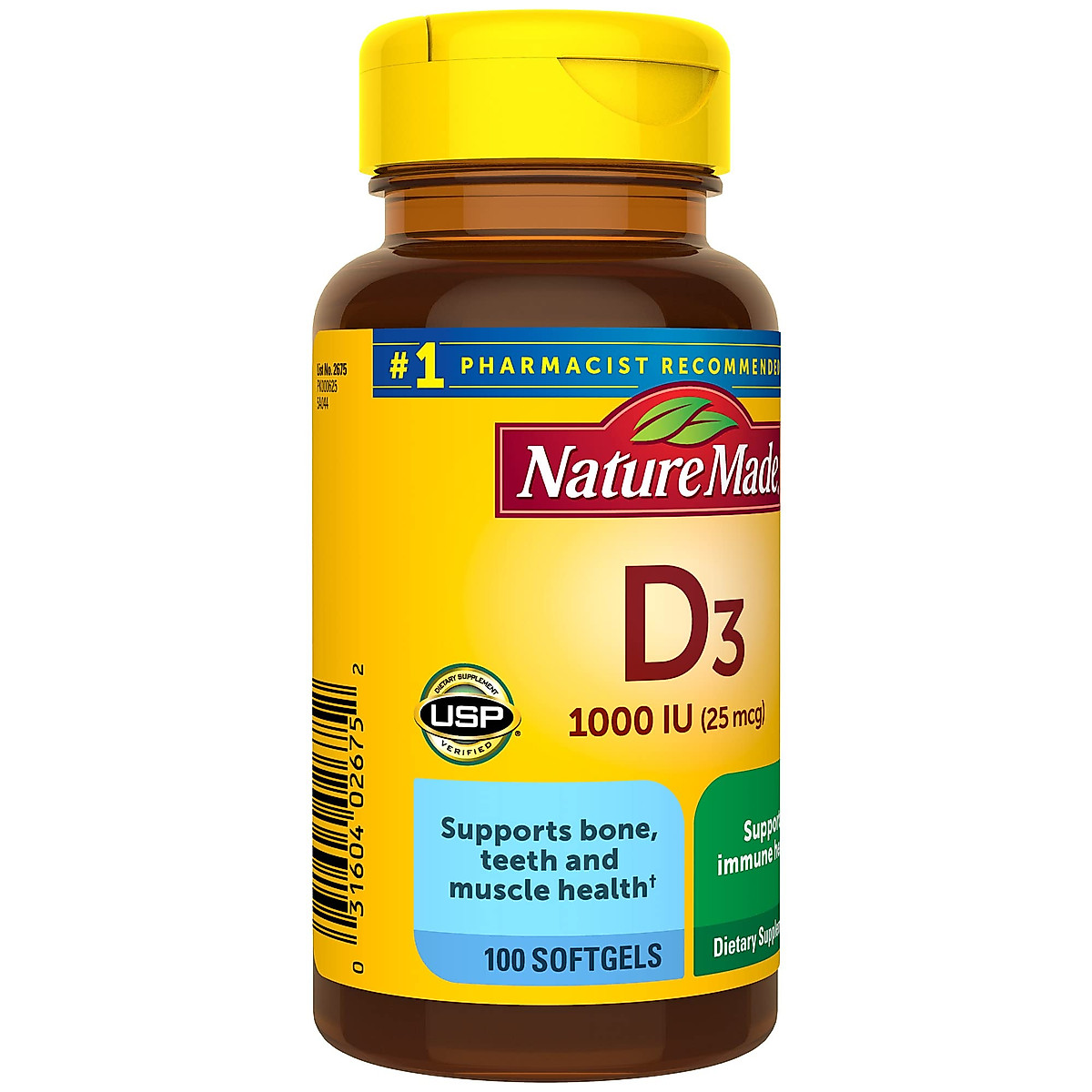 Nature Made Vitamin D3 1000 IU (25 mcg), Dietary Supplement for Bone, Teeth, Muscle and Immune Health Support, 100 Softgels, 100 Day Supply