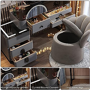 Winfree Smart Makeup Desk,Multifunction Vanity Table Set with 5 Drawers, LED Light Makeup Mirror and Storage Chair, Vanity Set with Adjustable Lighted Mirror for Girls(Noble Gray) (47.2in)