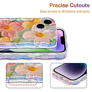 EYZUTAK Case for iPhone 14, Colorful Retro Oil Painting Printed Flower Laser Beam Glossy Pattern Cute Curly Waves Border Exquisite Phone Cover Stylish Durable TPU Protective Case for Girls Women-Green