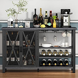 OIOG Wine Cabinet with Removable Wine Rack and Glass Holder, Wine Bar Cabinet for Liquor, Home Bar Coffee Cabinet Sideboards with Metal Mesh Doors for Living Room(Gray)