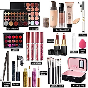 All in One Makeup Set Holiday Gift Box Essential Starter Bundle Include Eyeshadow Concealer Lipstick Lip Gloss Mascara Eyeliner Eyebrow Pencil Lip Balm Face Powder - Full Makeup Kit for Women