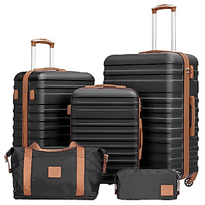 Coolife Suitcase Set 3 Piece Luggage Set Carry On Hardside Luggage with TSA Lock Spinner Wheels (Black, 5 piece set)