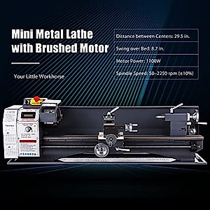 CO-Z 8.7"x29.5" Mini Metal Lathe with 1100W Brushed Motor 5 Turning Tools, Benchtop Metal Lathe with LCD Display 2250rpm Max Variable Speed for Home Machinists Workshop DIY Metalworking Crafts