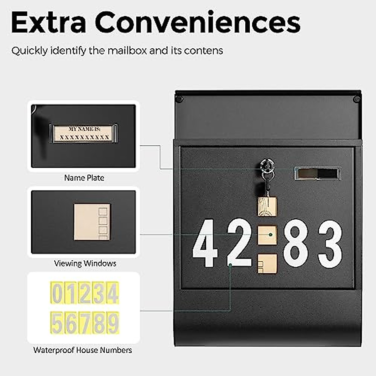 LAND·VOI Locking Mailbox with 4 Keys, Wall Mounted Metal Postbox，Nameplate, Newspaper Holder, Easy to Install, 3.4 x 11.8 x 13.3 Inches, Includes Vinyl Mailbox Numbers, Matt Black