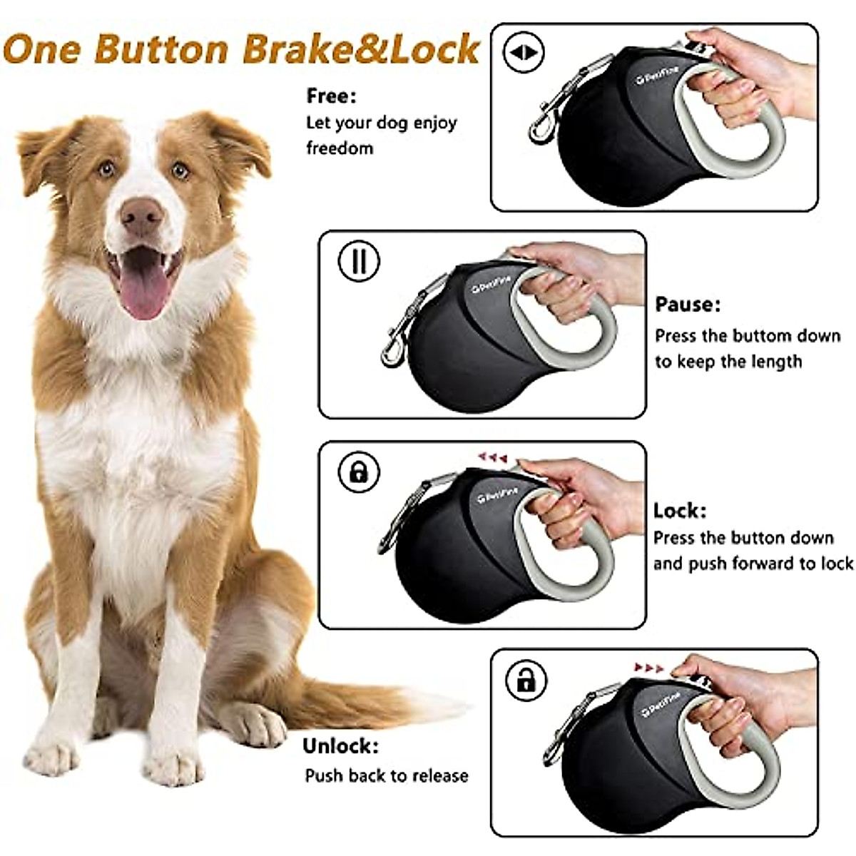 PetiFine 26ft/8m Heavy Duty Retractable Dog Leash for Large Dogs,Strong Extendable Dog Leash Up to 110 lbs, Reflective Nylon Tape Tangle Free(Black,New)