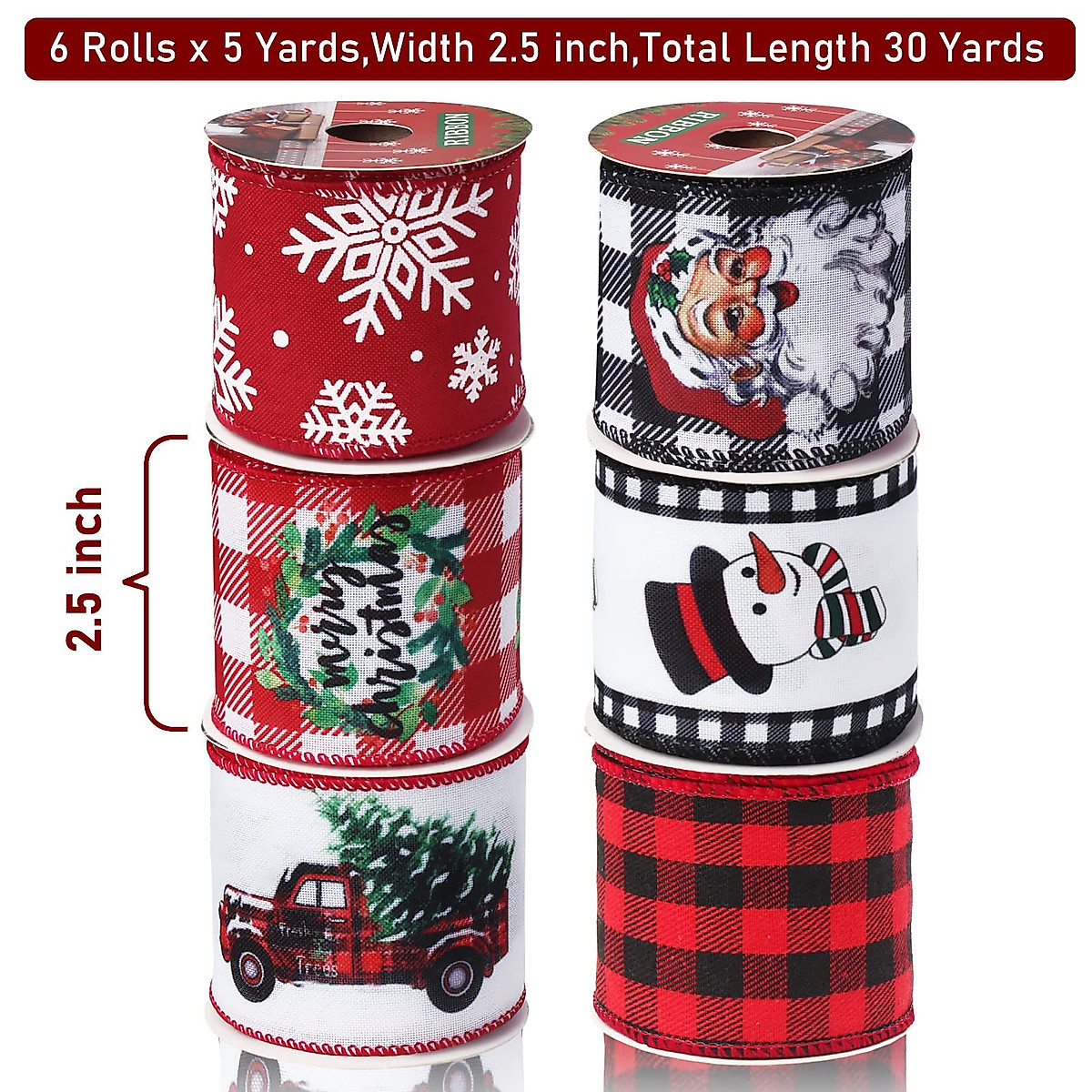 Vloso Christmas Ribbon Wired 2.5 Inch,6 Roll 30 Yards Christmas Wired Ribbon,Incl. Santa/Snowman/Snowflake/Christmas Buffalo Plaid Ribbon for Wreaths Bows Christmas Decor DIY Crafts