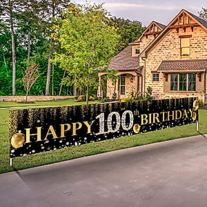 ZDX Happy 100th Birthday Theme Banner Birthday Party Poster Decor Black Backdrop Gold Balloon Photo Outdoor & Indoor Hanging With ZDXZ-US-HF346-fba 0