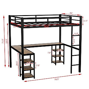 BOVZA Full Metal Loft Bed with Desk and Shelves, Multifunctional Loft Bed with Ladder and Safety Guardrails, Bed Frame for Bedroom, Space Saving, Black