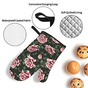 Oven Mitts and Pot Holders Sets 4 Piece, Pink Rose Flower Green Leaves Oven Gloves Heat Resistant Non-Slip for Kitchen Cooking Grilling Baking