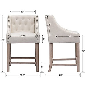 CIMOTA Counter Height Bar Stools Set of 2 Tufted Farmhouse Bar Chairs with Back Upholstered Mid Century Barstools with Wood Legs Kitchen Island Counter Stools for Home Bar, 25 Inch/Linen Beige