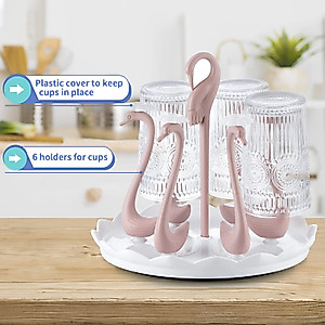 MOLIGOU Cup Drying Rack, Mug Dryer Rack with Drip Tray, Rotating Bottle Drying Stand Holder for Kitchen Counter, 6 Holders (Pink Swan)