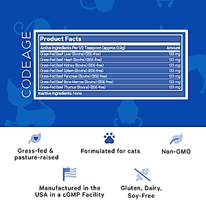 DNA PET Happy Healthy Organs & Glands Supplement For Cats, Freeze-Dried Raw Bovine Liver Grass-Fed Bone Marrow Heart Kidney Pancreas, Bovine Thymus Iron Multi Organ Powder, Joints Cat Vitamins 1.48 oz