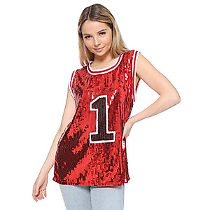 Anna-Kaci Sparkle Glitter Hip Hop T-Shirt Top Tunic Basketball Sequins Tank Vests, Red, Large