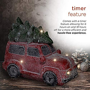Alpine Corporation QWR916 Alpine Retro Red Car with Christmas Tree, LED Lights, and Music, Indoor Festive Decor for Home Holiday décor, Multi