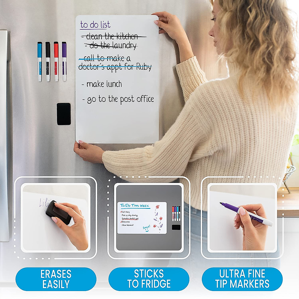 17x11 Stain-Resistant Magnetic Whiteboard for Fridge - Includes 4 Markers and Big Eraser with Magnets - Magnetic Dry Erase Board | Refrigerator White Board Organizer and Planner