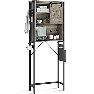 Itaar Over The Toilet Storage Cabinet, Farmhouse Bathroom Storage, 4-Tier Bathroom Shelves, Over Toilet Bathroom Organizer with Storage Bag and Hooks, Grey