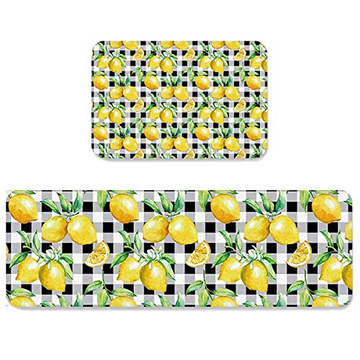 SUN-Shine Watercolor Yellow Lemon Buffalo Plaid Kitchen Rug Set 2 Pieces Cushioned Kitchen Floor Mats Comfort Soft Standing Doormat, Non Slip Rugs and Runner Black White