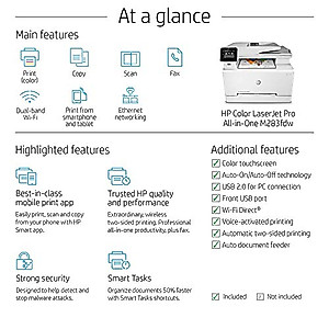 HP Color Laserjet Pro M283fdw Wireless All-in-One Laser Printer, Remote Mobile Print, Scan & Copy, Duplex Printing (7KW75A), White, Model:7KW75A#BGJ (Renewed)