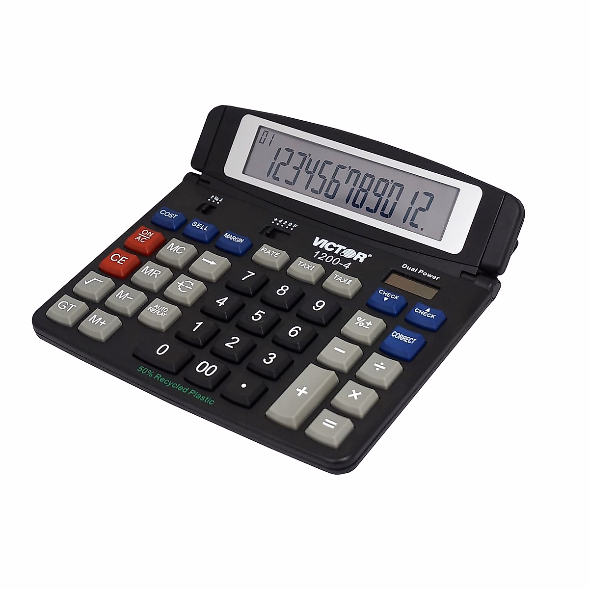 Victor 1200-4 12-Digit Large Professional Desktop Calculator, Battery and Solar Hybrid Powered Tilt LCD Display, Great for Home and Office Use, Black