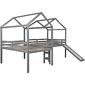 ATH-S L-Shape Loft Beds Full House Loft Bed with Slide Low Loft Bed Frame for 2, Wood Gray Playhouse Loft Bed for Girls Boys Teens (Color : Gray Full House Bed)