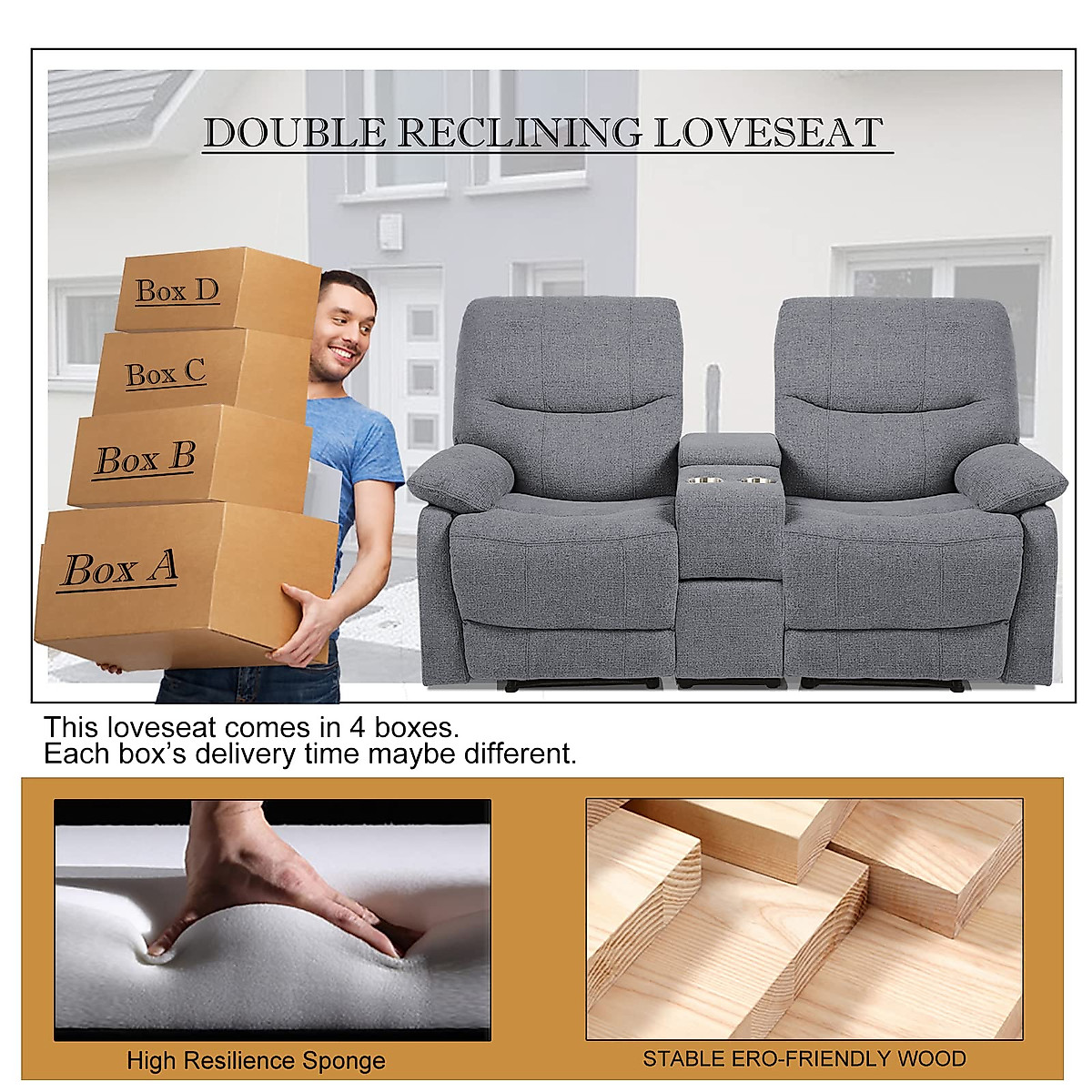 B BAIJIAWEI Double Reclining Loveseat - Fabric Home Theater Seating with Console - 2 Seater Manual Reclining Couch for Living Room, Office (Fabric- Light Grey)