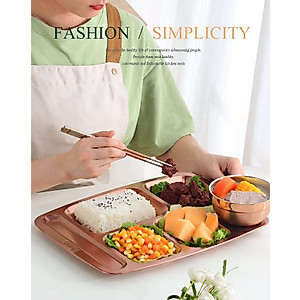 QOBIMOON 18/8 Stainless Steel Divided Plate, Food Trays 4 Section Dinner Plate with Bowl, Chosticks and Spoon, Camping Dishes, Adult Lunch and Dinner-Rainbow Color