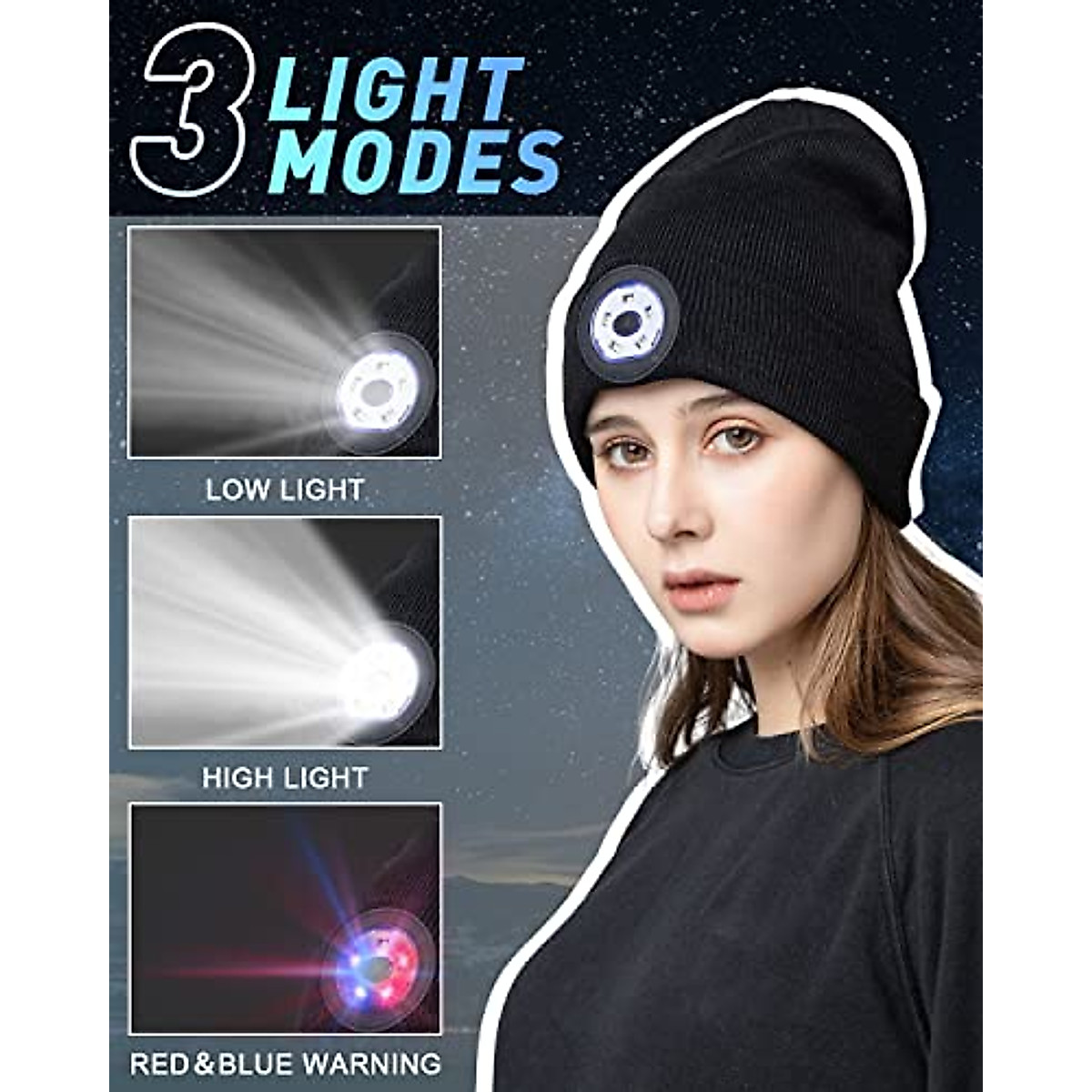 Unisex Beanie Hat with Light 2 Pack, 5 LED 3 Modes Rechargeable Hands Free Headlamp Hat, Knitted Hat with Light for Men Women Kid, Winter Men Gift Stocking Stuffers for Christmas Day (Black&Grey)