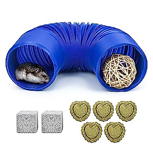 Small Animal Tunnel,1 Collapsible Plastic Guinea Pigs Tube Tunnel&5 Grass Cake&1 Grass Balls&2 Grinding Stones,Fun Toys for Hiding Training Ferrets,Gerbils,Hamsters,Dwarf Rabbits (Small, Blue)