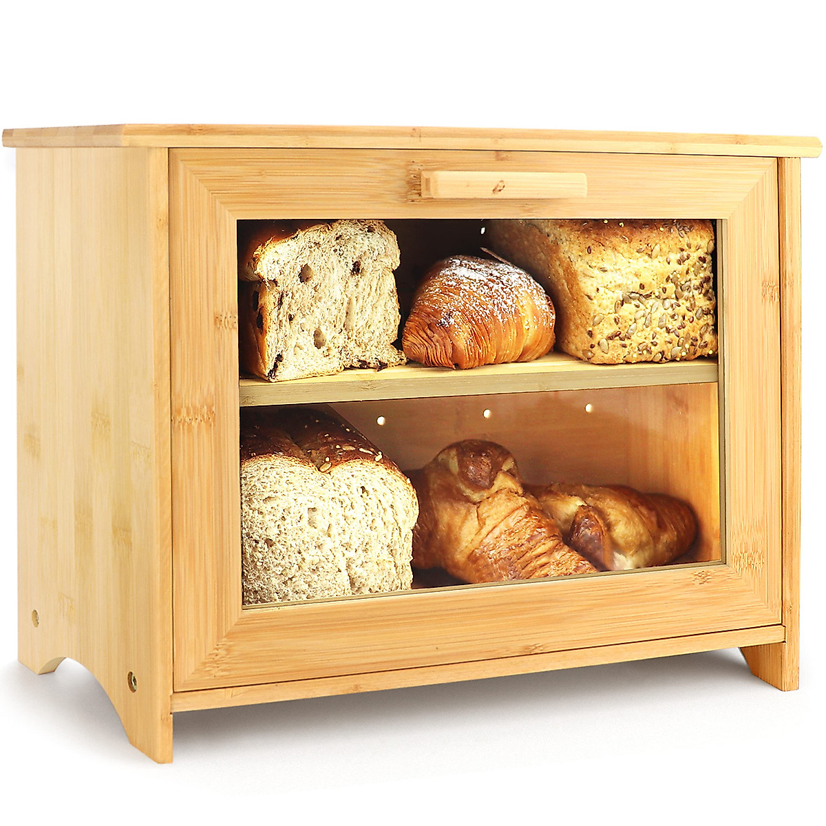 Pristine Bamboo Bread Box for Kitchen Countertop - Double Layer Bread Storage Bin with Clear Windows - Rustic Farmhouse Style Bread Bin, Wooden Large Capacity Bamboo Food Storage Bin (Self-Assembly)