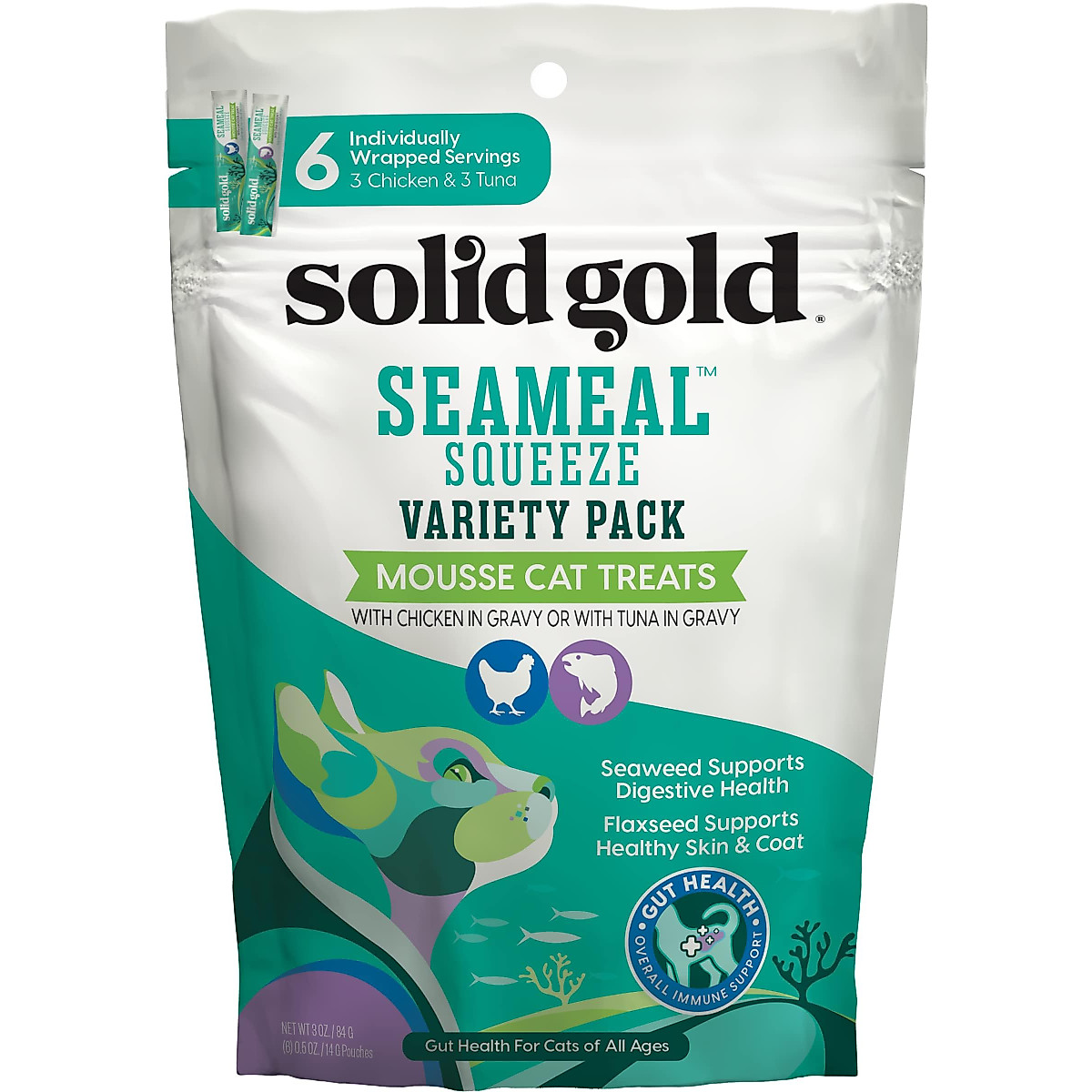 Solid Gold Lickable Cat Treats - SeaMeal Squeeze Squeezable Cat Treats for Indoor Cats Chicken/Tuna Variety Pack - Made with Fiber-rich Seaweed for Digestive Health for Immune Support - 3 oz / 6 Count