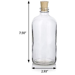 JUVITUS 16 oz Clear Glass Boston Round Bottle with Cork Stopper Closure (4 Pack) + Funnel