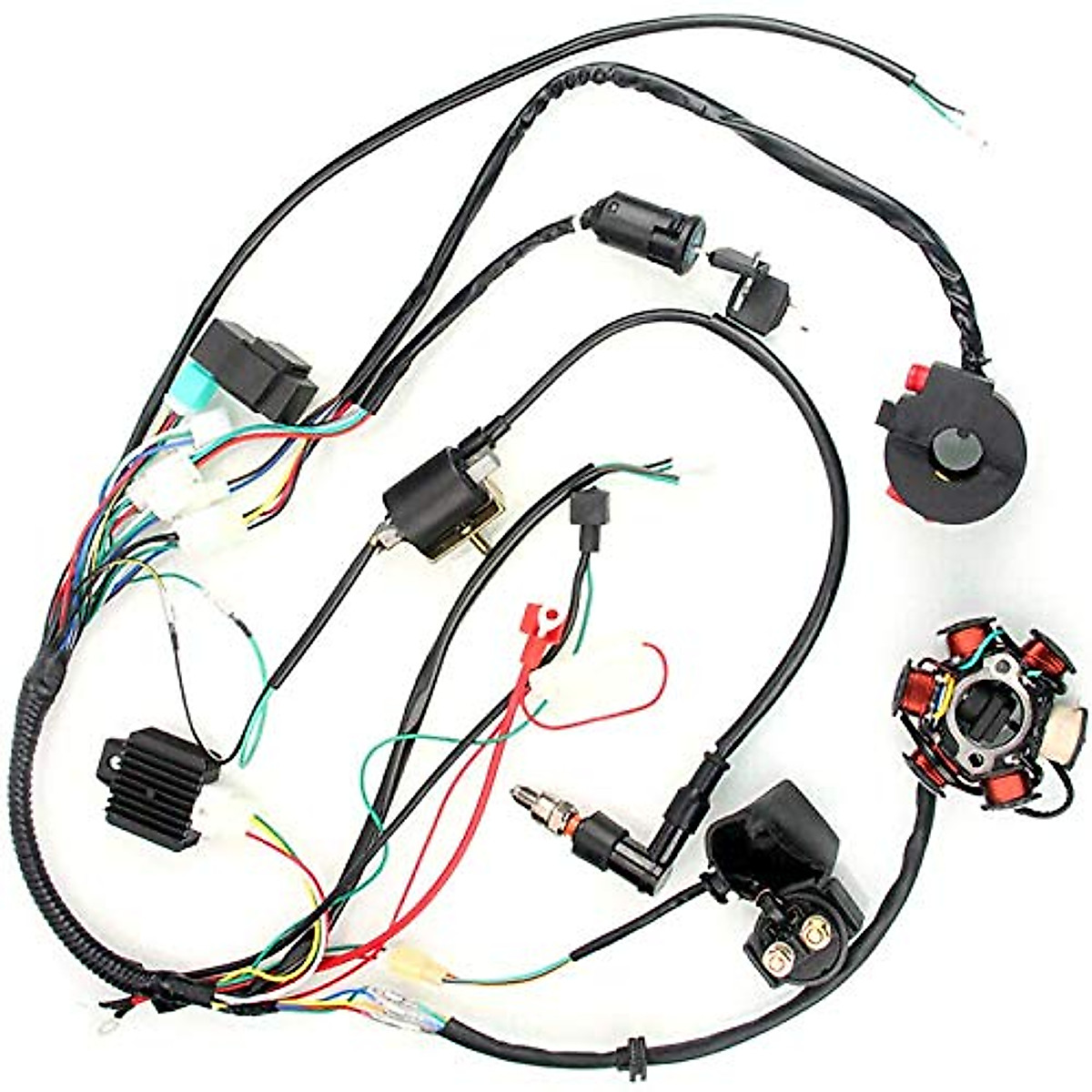 Quad Wire Harness Complete Electrics Stator Coil CDI Wiring Harness Solenoid Relay Spark Plug for 4 Wheelers Stroke ATV 50cc 70cc 90cc 110cc 125cc Pit Quad Dirt Buggy Bike Go Kart Parts