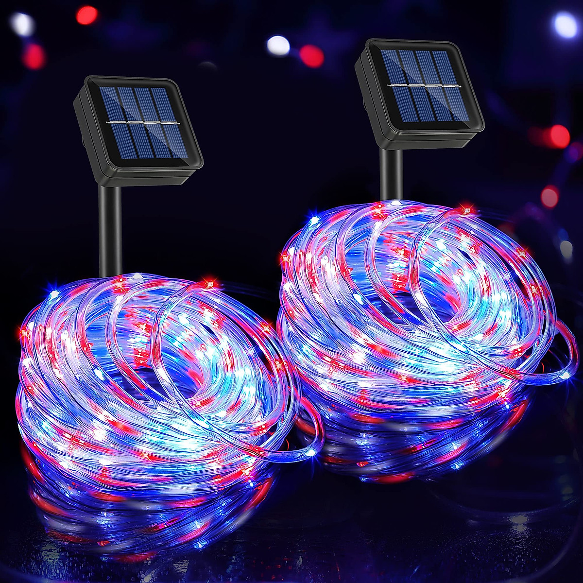 Meonum Solar Halloween Rope Lights Outdoor, 33ft 100 LED Rope Lights Waterproof, PVC Tube Fairy String Lights with 8 Modes for Halloween Night Party Garden Tree Decor (Red Blue White, 2 Pack)