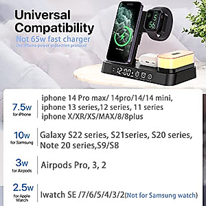 5 in 1 Foldable Wireless Charger Charging Station Alarm Clock & Night Light with Watch Charger Cable & Adapter for iWacth AirPods iPhone 14/13/12/11/Pro etc