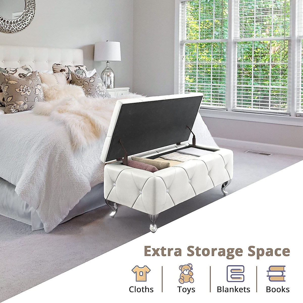 LUE BONA Storage Ottoman Bench, 38'' Upholstered White Faux Leather Ottoman with Crystal Tufted Button, Flip Top Foot Rest, End of Bed Bench Seat for Bedroom, Living Room, Vanity, 350LBS