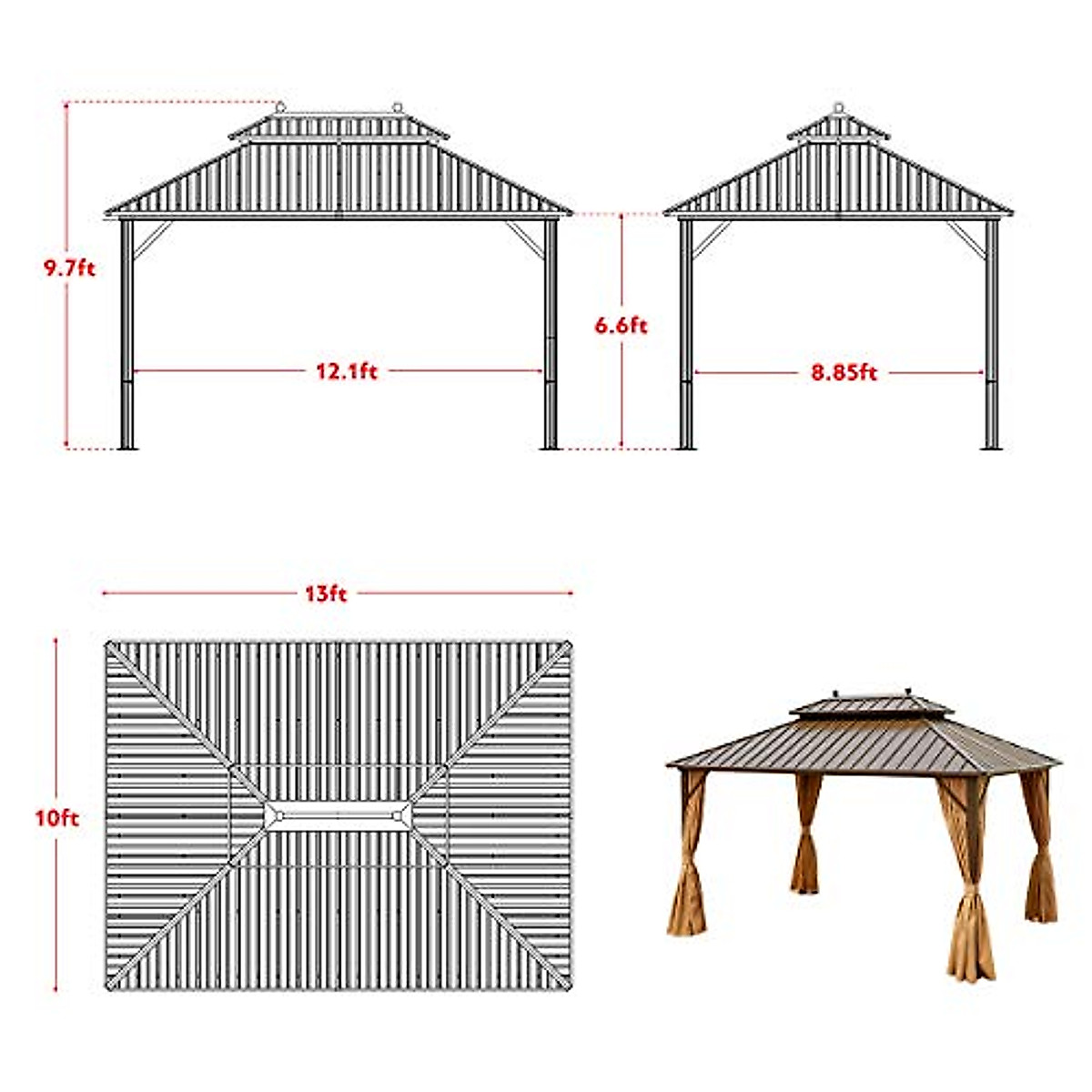 MELLCOM 10' X 13' Hardtop Gazebo, Galvanized Steel Vertical Stripe Double Roof Outdoor Gazebo, Aluminum Frame Metal Gazebo with Netting and Curtains for Patios, Gardens, Lawns