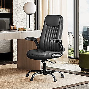DEVAISE Computer Office Chair, High Back Ergonomic Desk Chair with Adjustable Flip-up Armrests, Lumbar Support and Thick Headrest, Executive Suede Fabric Swivel Task Chair, Black