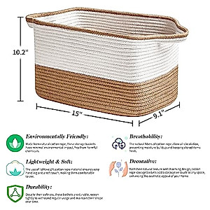 R RUNKA Cotton Rope Storage Basket (15"x10.2"x9.1") - Rectangle Storage Bins - Versatile Toy Storage Organizer - Perfect for Kids, Dog Toys, Books, Shelves - White & Khaki
