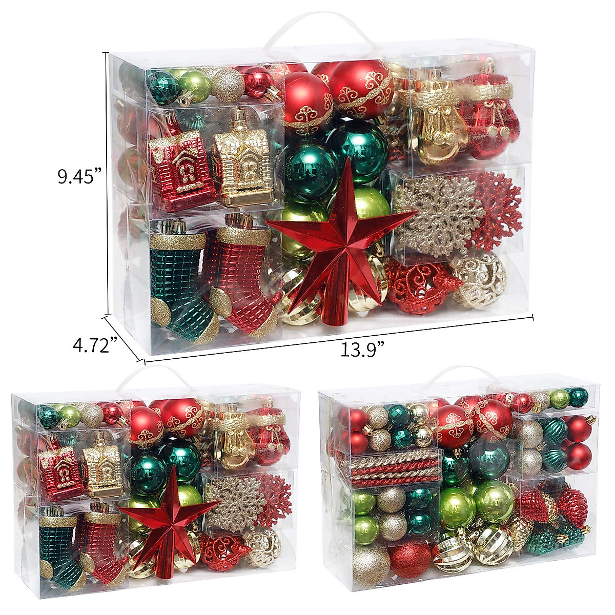 Christmas Tree Ornament, 132pcs Christmas Tree Decoration Set Red Green Gold Christmas Ball Shatterproof Hanging Tree Ornament Assortment Set