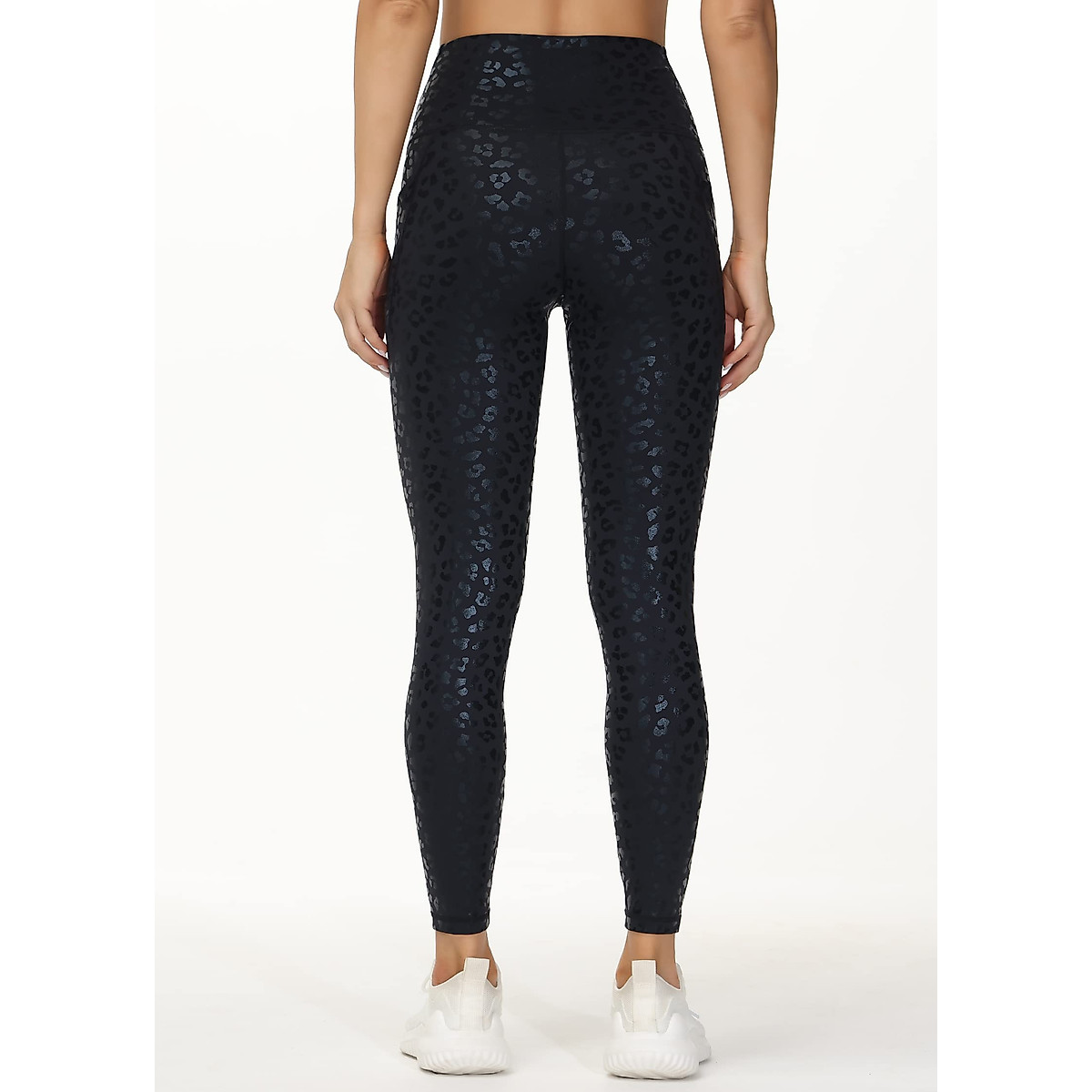 THE GYM PEOPLE Women's V Cross Waist Workout Leggings Tummy Control Running Yoga Pants with Pockets(Black Leopard, Large)