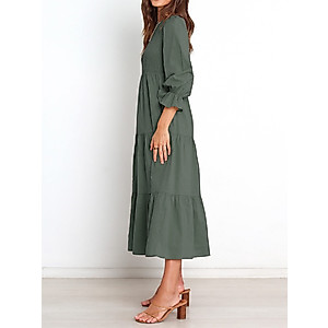 BTFBM Women Casual Long Sleeve Dress Fall Dresses 2025 Solid Color Relaxed Fit Smocked Tiered Flowy Boho Long Dresses(Solid Army Green,Large)