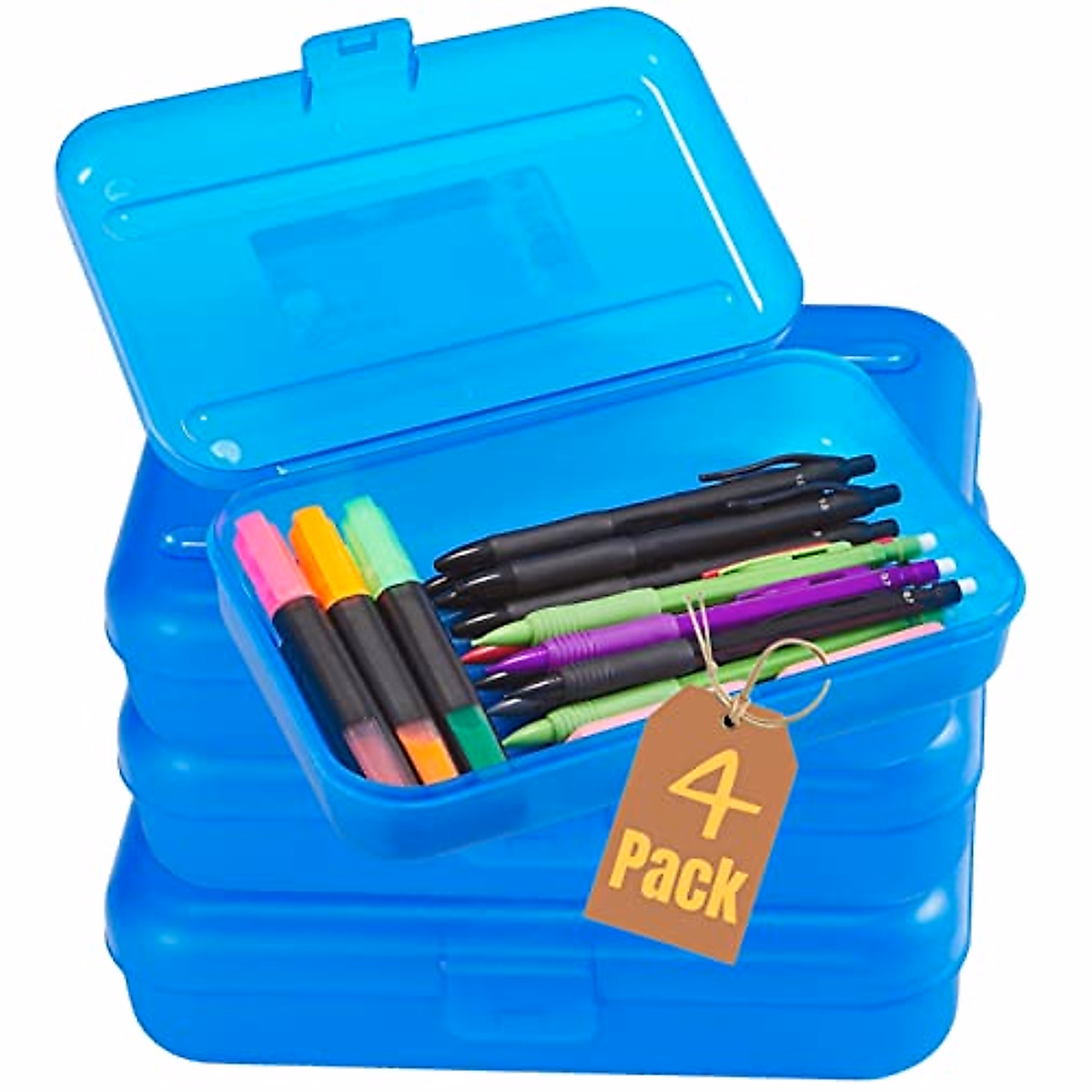 1InTheOffice Pencil Box, Translucent Blue, Plastic School Pencil Boxes, 4 Pack