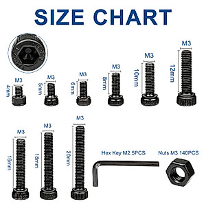 NINDEJIN M3 Small Metric Screws with Nuts, M3 Small Hex Socket Head Cap Screw, Carbon Steel Screw Bolts and Nuts Assortment Kit with Wrench Key, Replacement Machine Fastener Screws and Bolts Nuts