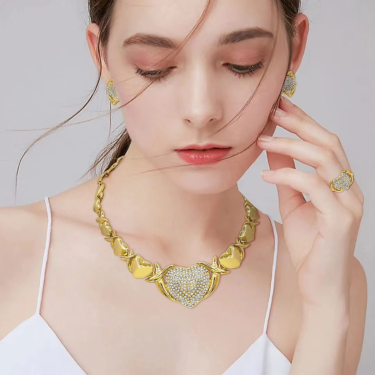 Gold Jewelry Set 18K Gold Accessories XOXO Necklace Set for Women Wedding Bridal Fashion Jewelry Sets Women Bracelets Earrings and Rings Sweetheart Gifts (Gold)