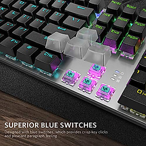 Fiodio Mechanical Gaming Keyboard, Fantastic LED Rainbow Backlit Wired Keyboard, Full Anti-Ghosting Keys, with Quick-Response Blue Switches and Multimedia Control for PC and Desktop Computer