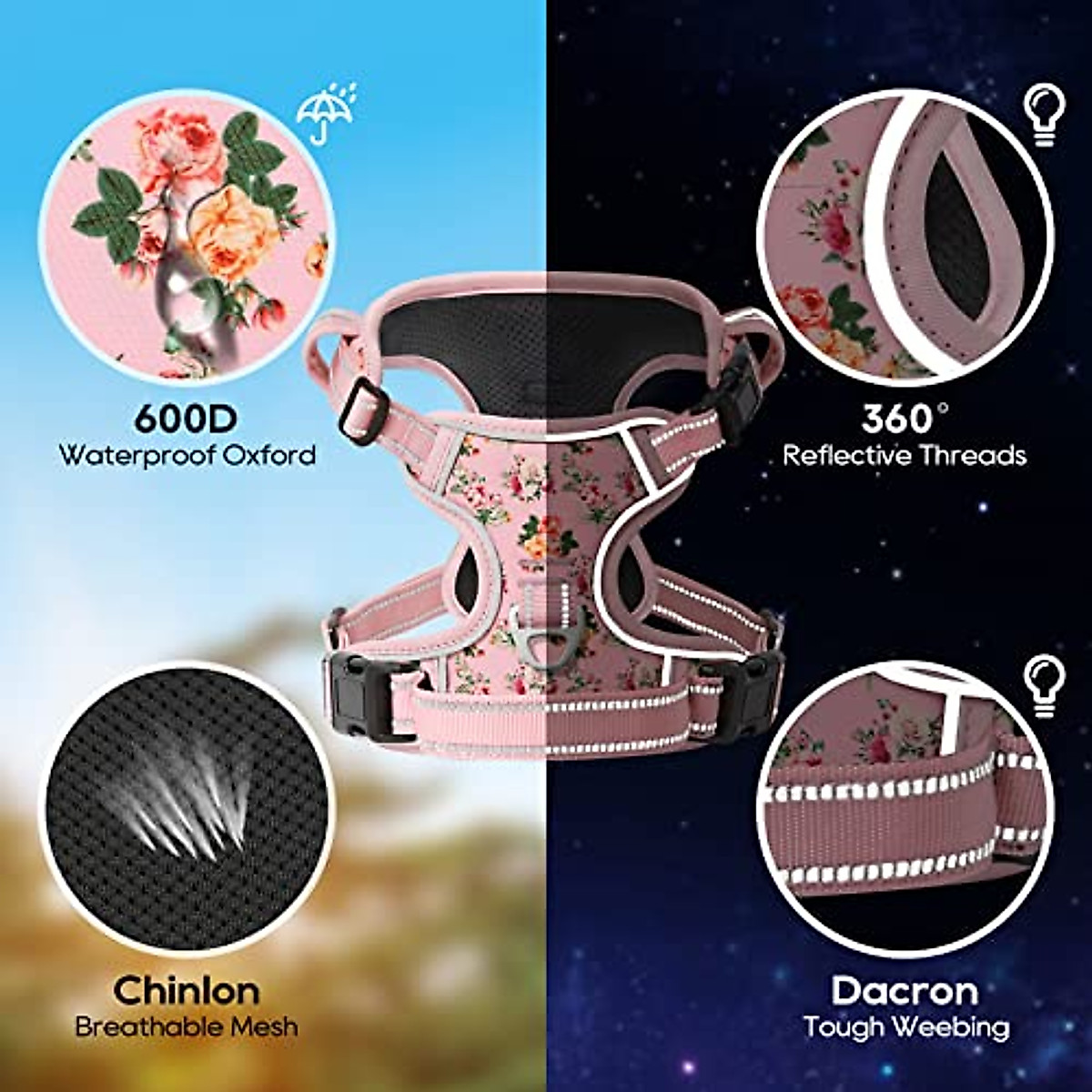 Timos No Pull Dog Harness,NO Need Go Over Dogs Head 3 Snap Buckles Reflective Oxford No Choke Puppy Harness with Front & Back 2 Metal Leash Clips Soft Padded Vest Harnesses for Small Medium Large Dogs